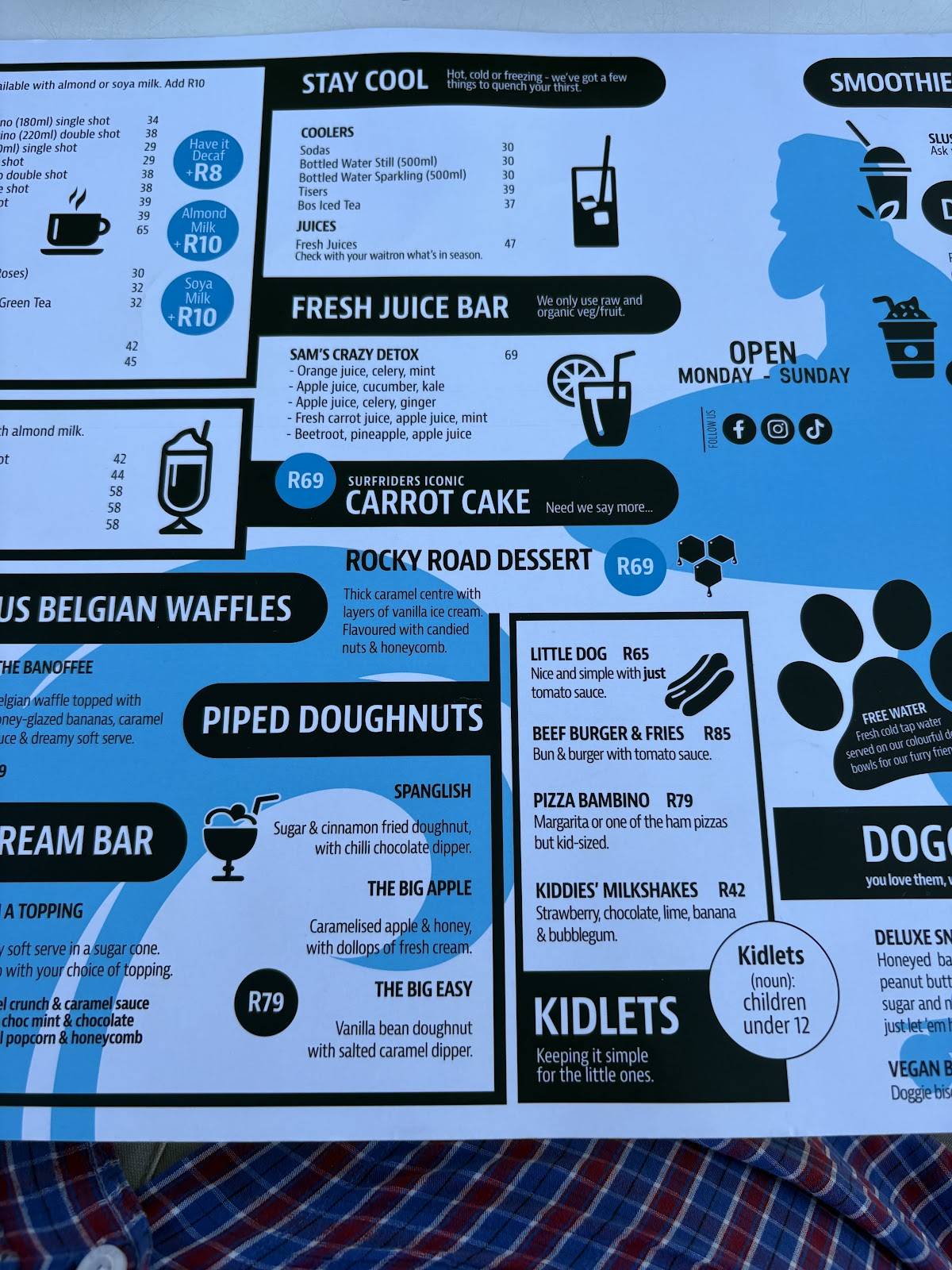 Menu at Surf Riders Cafe, Durban