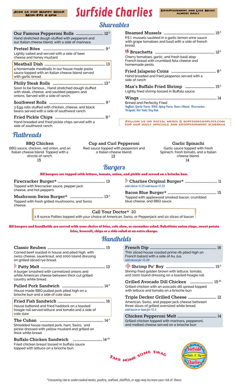 Menu at Surfside Charlies pub & bar, Surfside Beach
