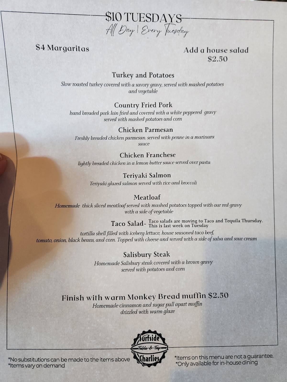 Menu at Surfside Charlies pub & bar, Surfside Beach