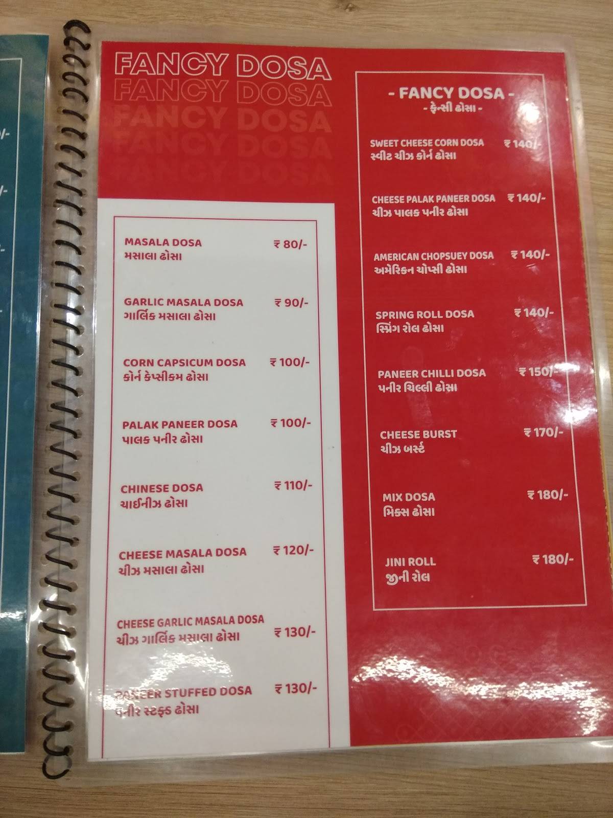 Menu at Surti Anna fancy dosa resturant, Bharuch