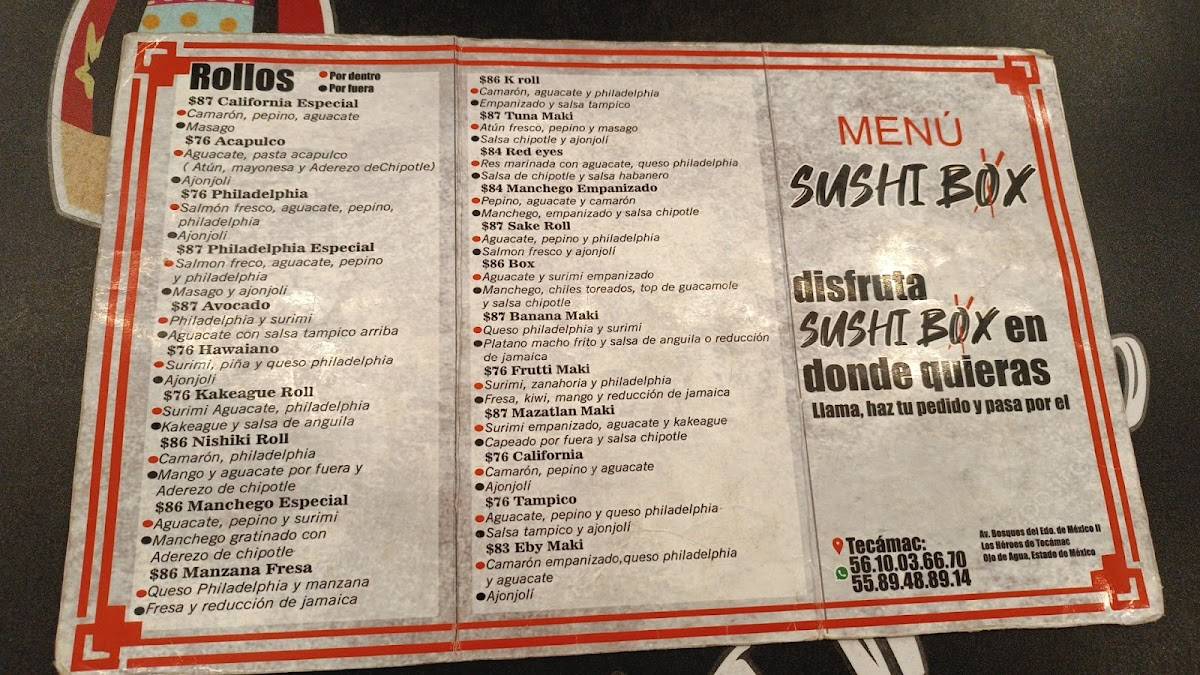 Menu at Sushi Box restaurant, Mexico City