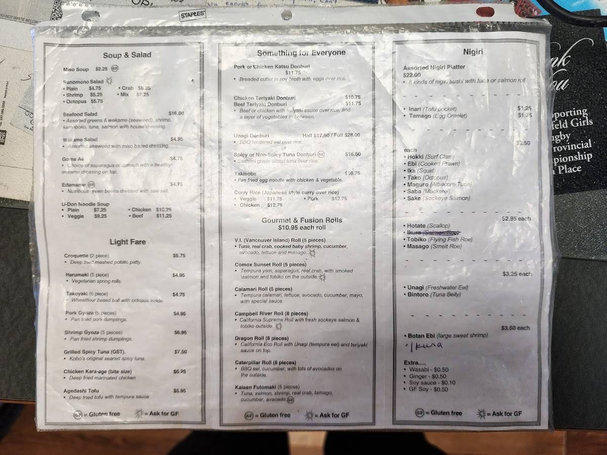 Menu at Sushi Kobo Takeout restaurant, Comox