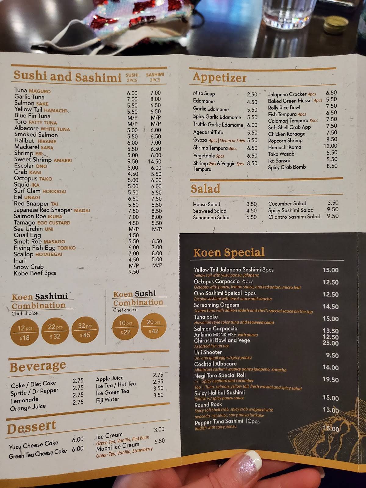 Menu at Sushi Koen restaurant, Round Rock