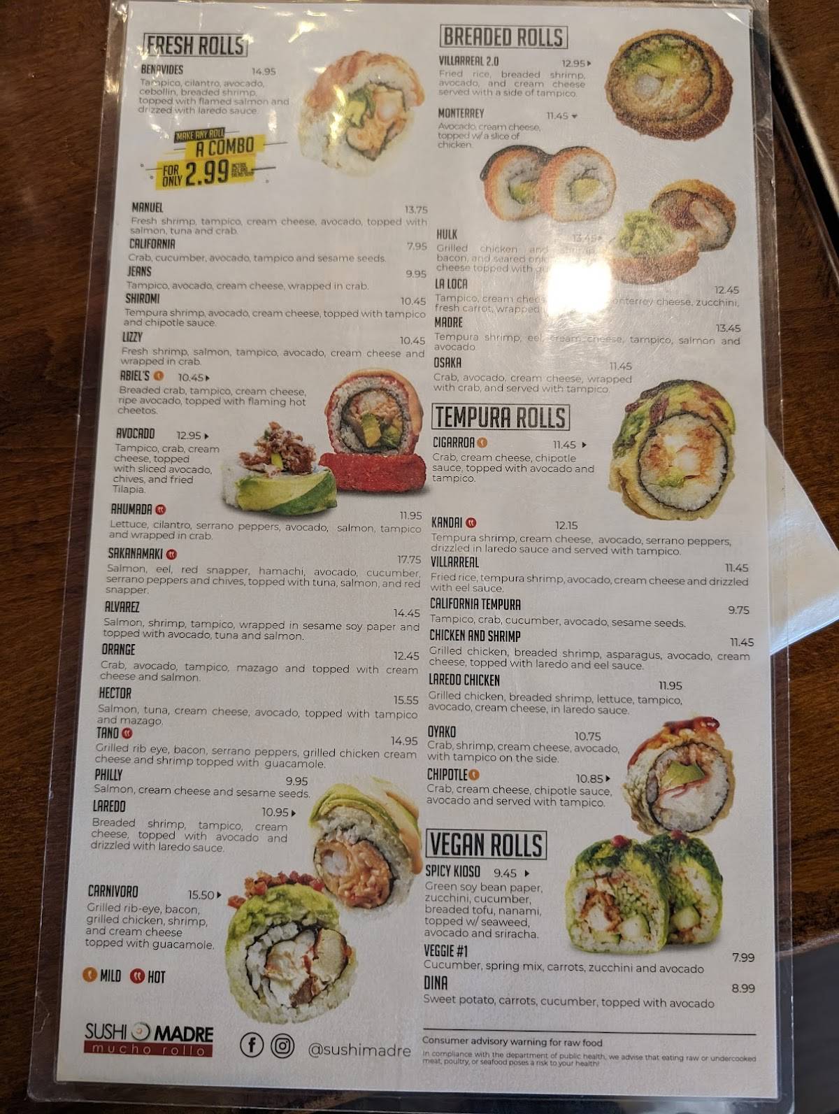 Menu at Sushi Madre restaurant, Laredo, McPherson Rd
