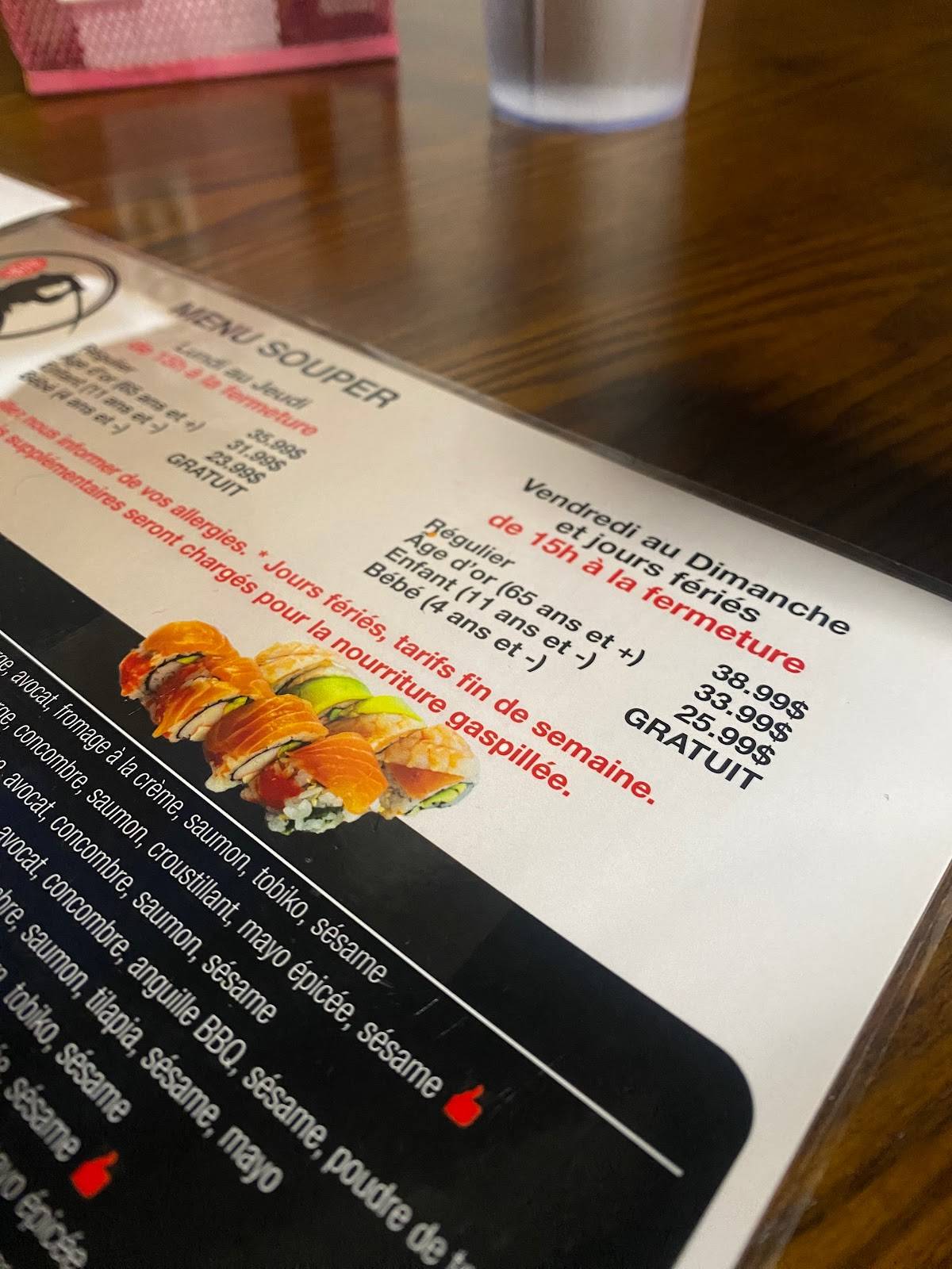 Menu au Sushi Samurai restaurant, Québec