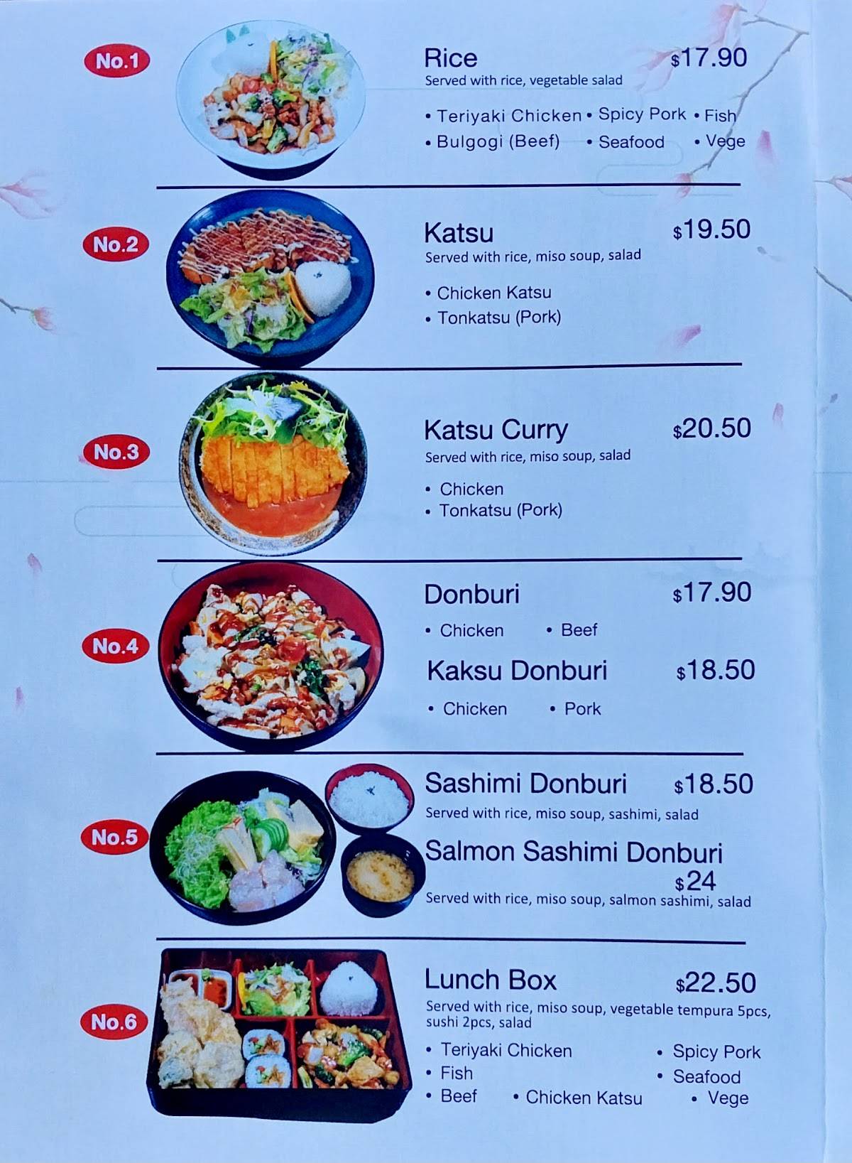 Menu at Sushi Sora restaurant, Auckland