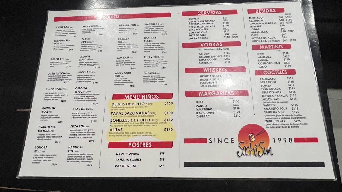 Menu at Sushi Sun restaurant, Puerto Peñasco