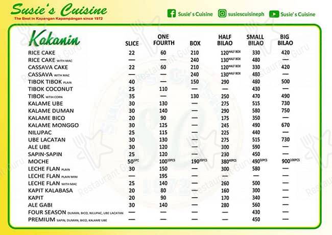 Menu at Susie's Cuisine Morato restaurant, Quezon City, Scout Bayoran