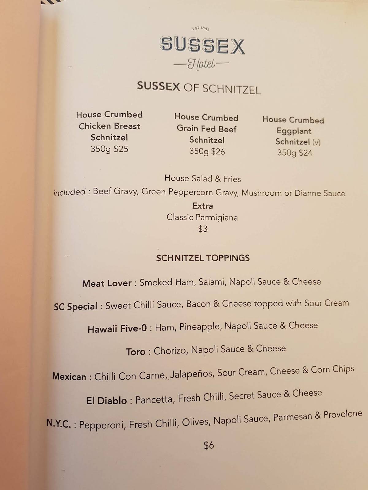 Menu at Sussex Hotel restaurant, Walkerville