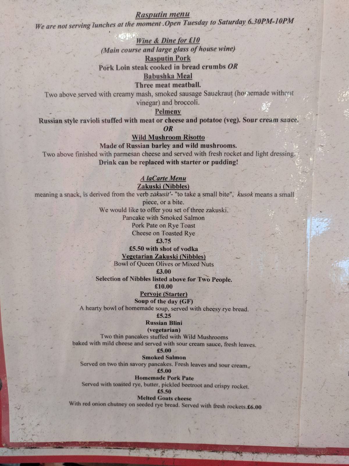 Menu at Rasputin restaurant, Swaffham