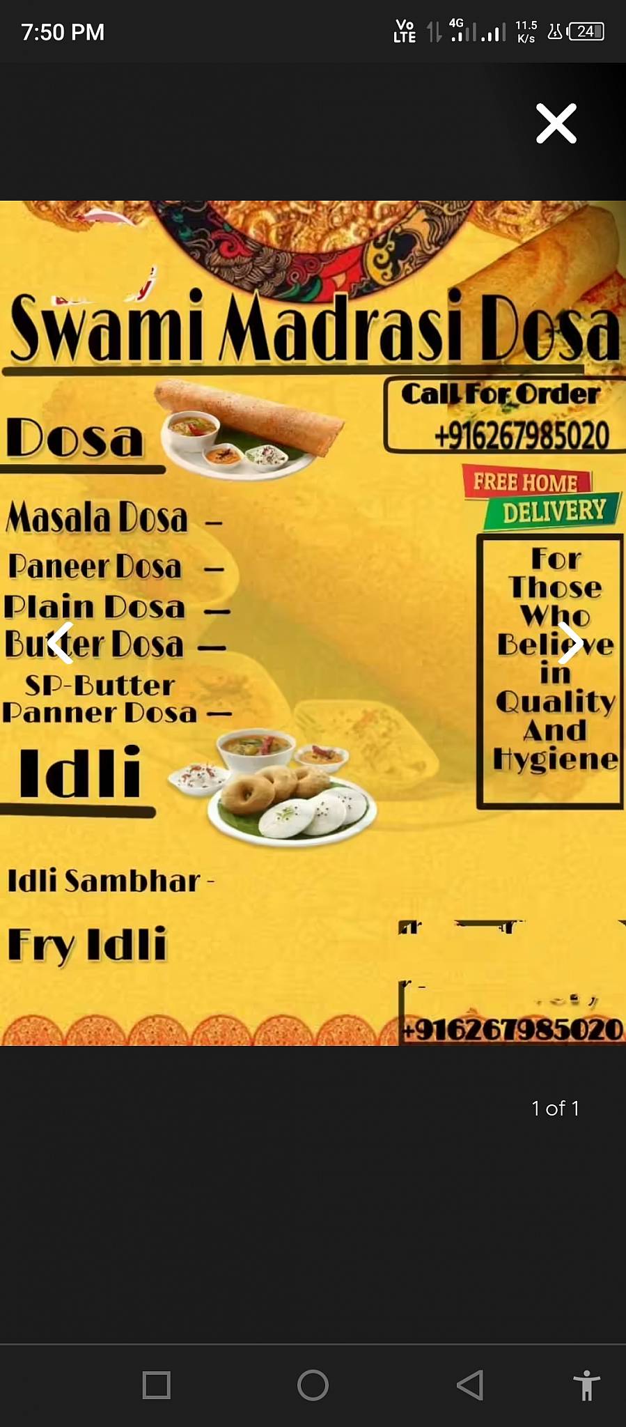 Menu at Swami Madrasi South Indian Dosa center Mhow, India
