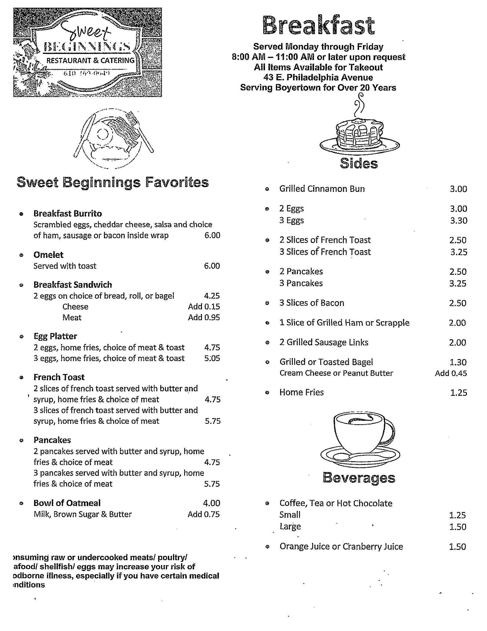 Menu at Sweet Beginnings restaurant, Boyertown