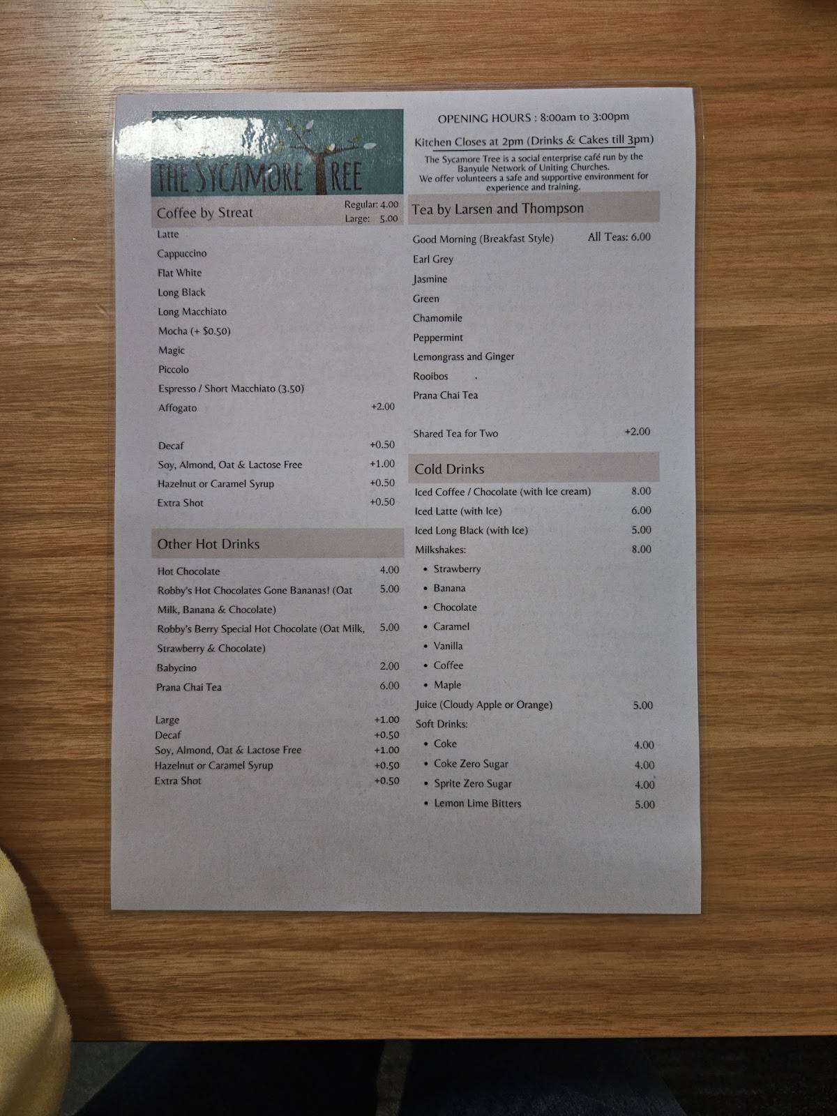 Menu at Sycamore Tree Cafe, Heidelberg