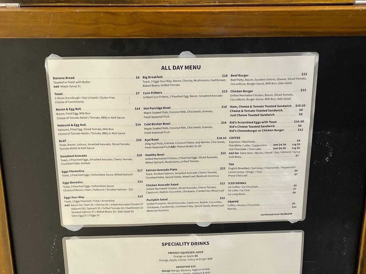Menu at Redleaf Cafe, Double Bay