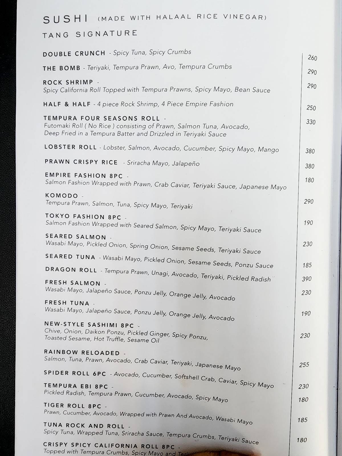 Menu at TANG Asian Luxury Restaurant & Bar Waterfront, Cape Town