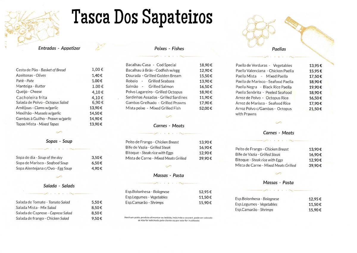 Menu em TASCA DOS SAPATEIROS restaurante, Lisboa