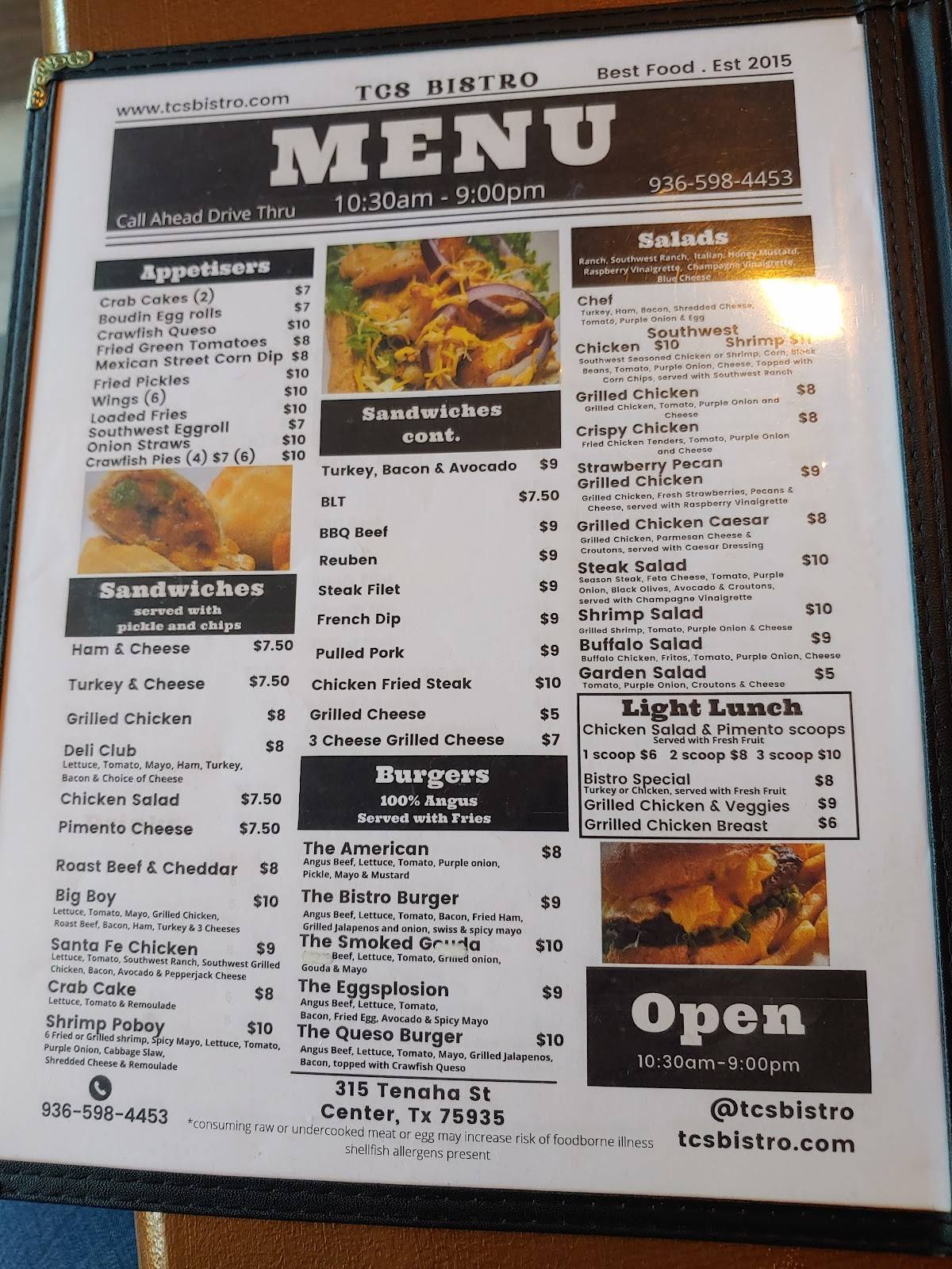 Menu at TCS Bistro (The Century Shoppe) pub & bar, Center