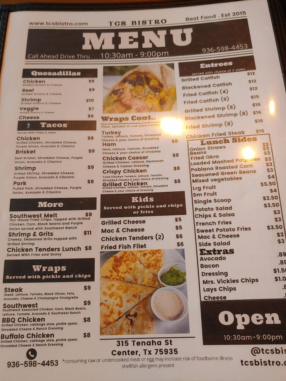 Menu at TCS Bistro (The Century Shoppe) pub & bar, Center
