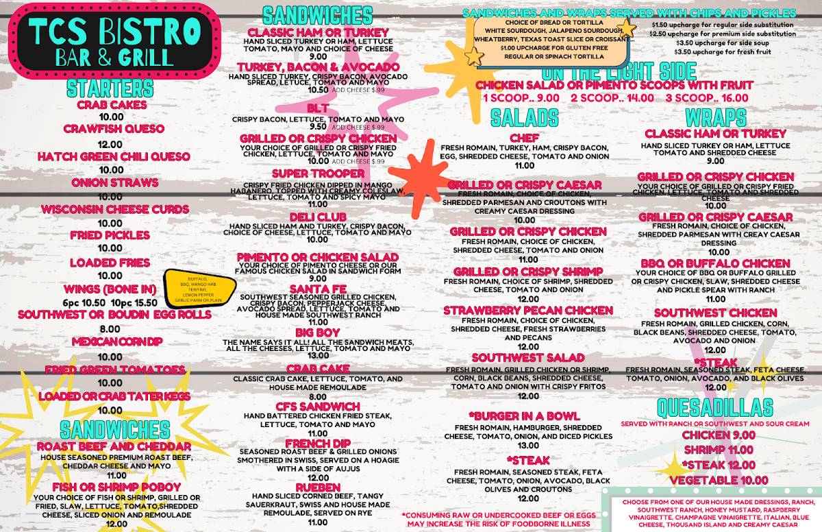 Menu at TCS Bistro (The Century Shoppe) pub & bar, Center