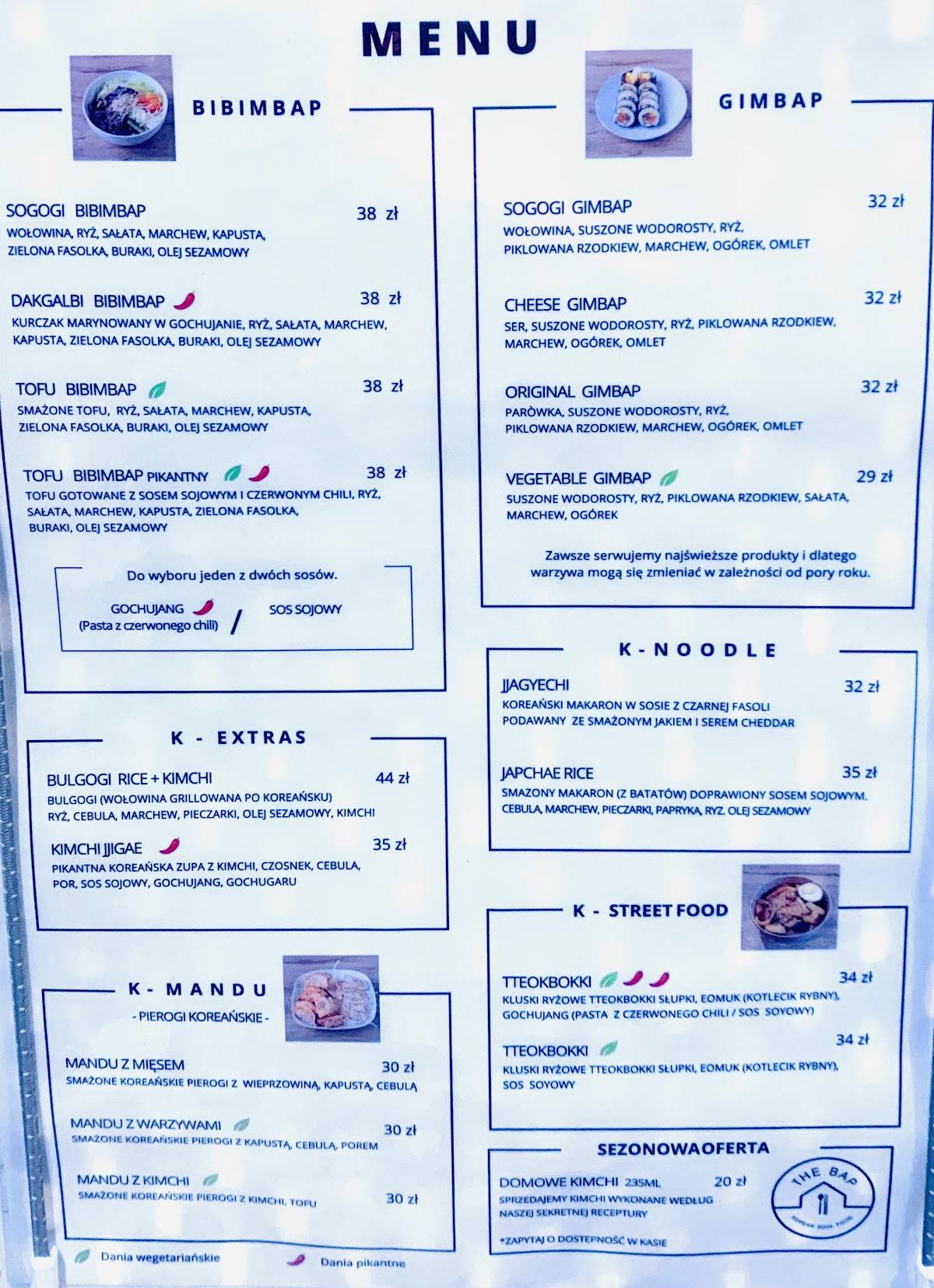 Carta del restaurante THE BAP, Cracovia