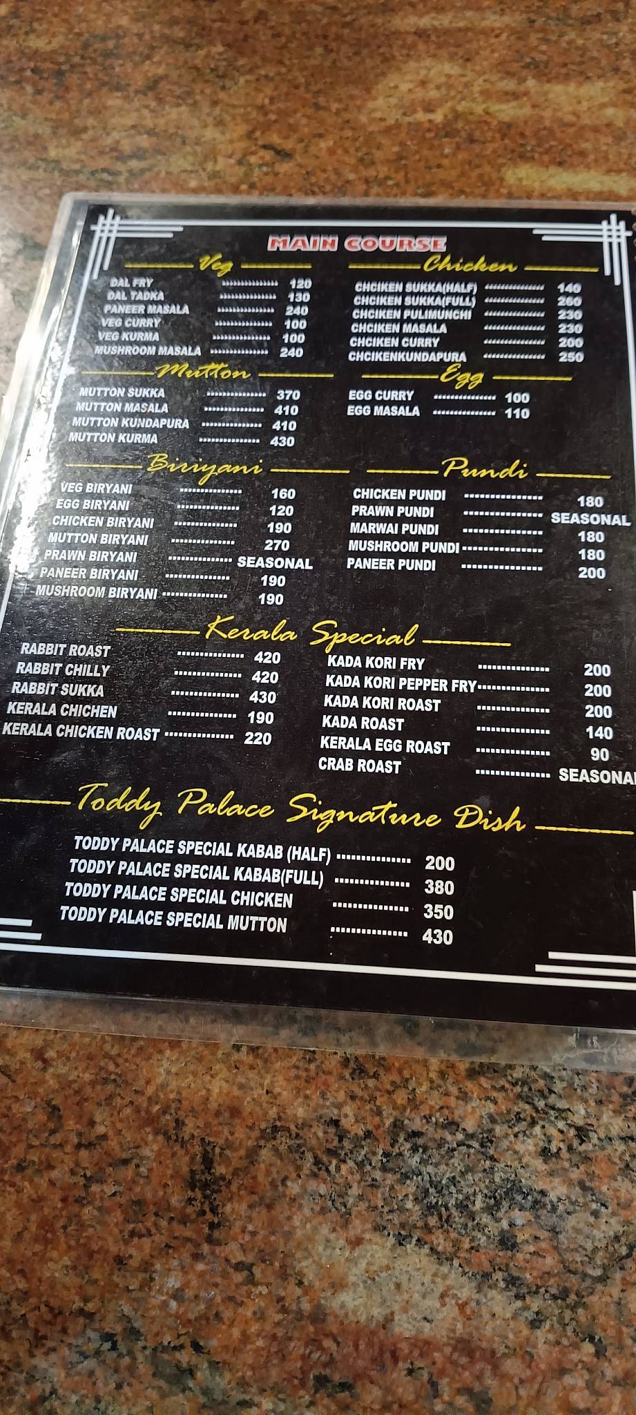 Menu at TODDY PALACE, Mangaluru