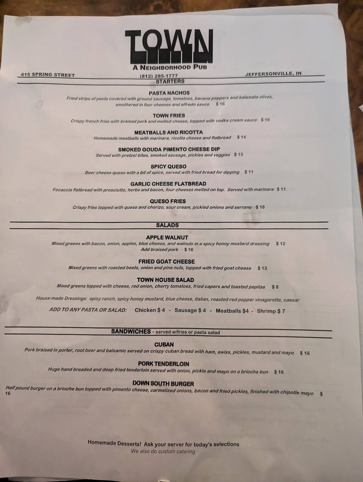 Menu at TOWN. A Neighborhood Pub, Jeffersonville