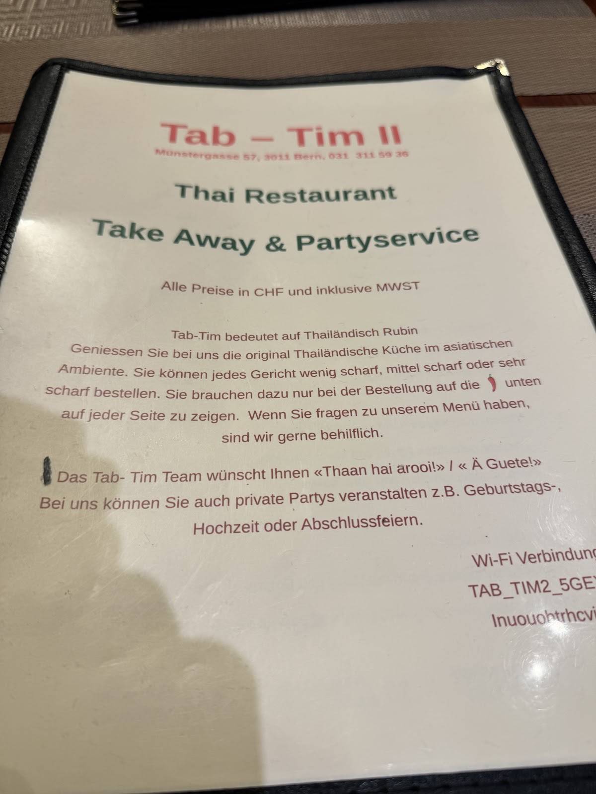 Menu at Tab Tim II, Bern, Münstergasse 57