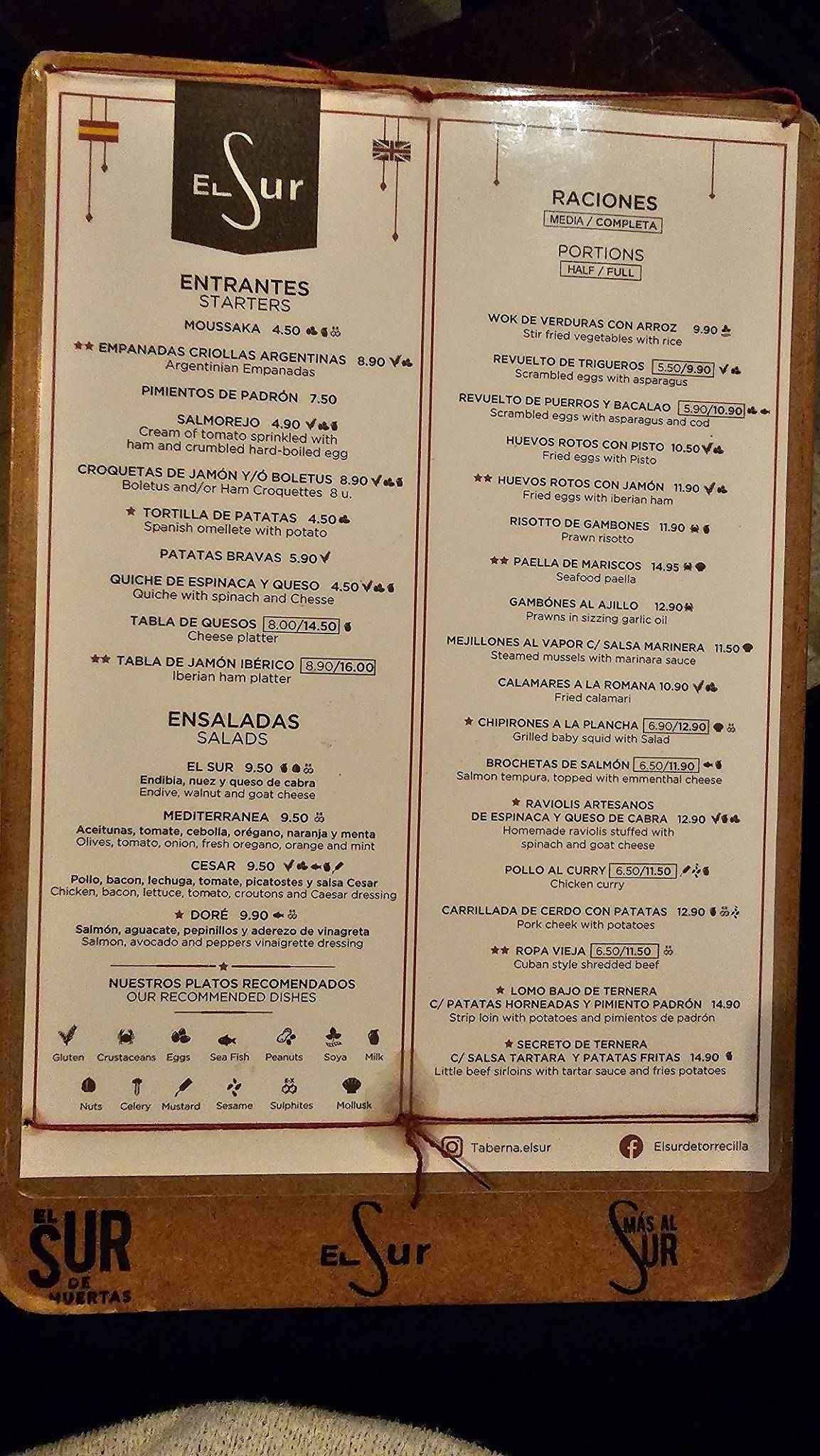 Menu at Taberna El Sur pub & bar, Madrid