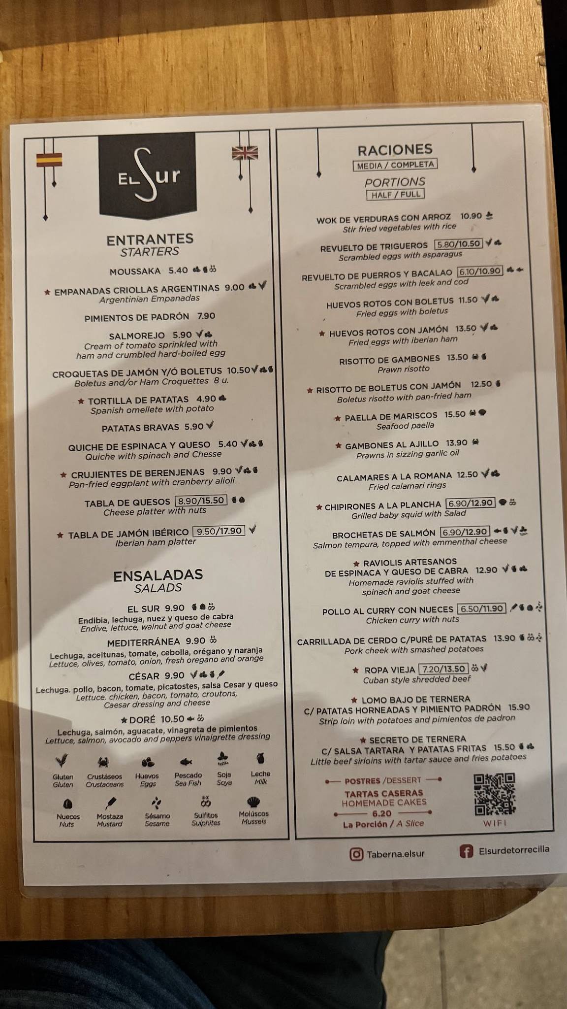 Menu at Taberna El Sur pub & bar, Madrid