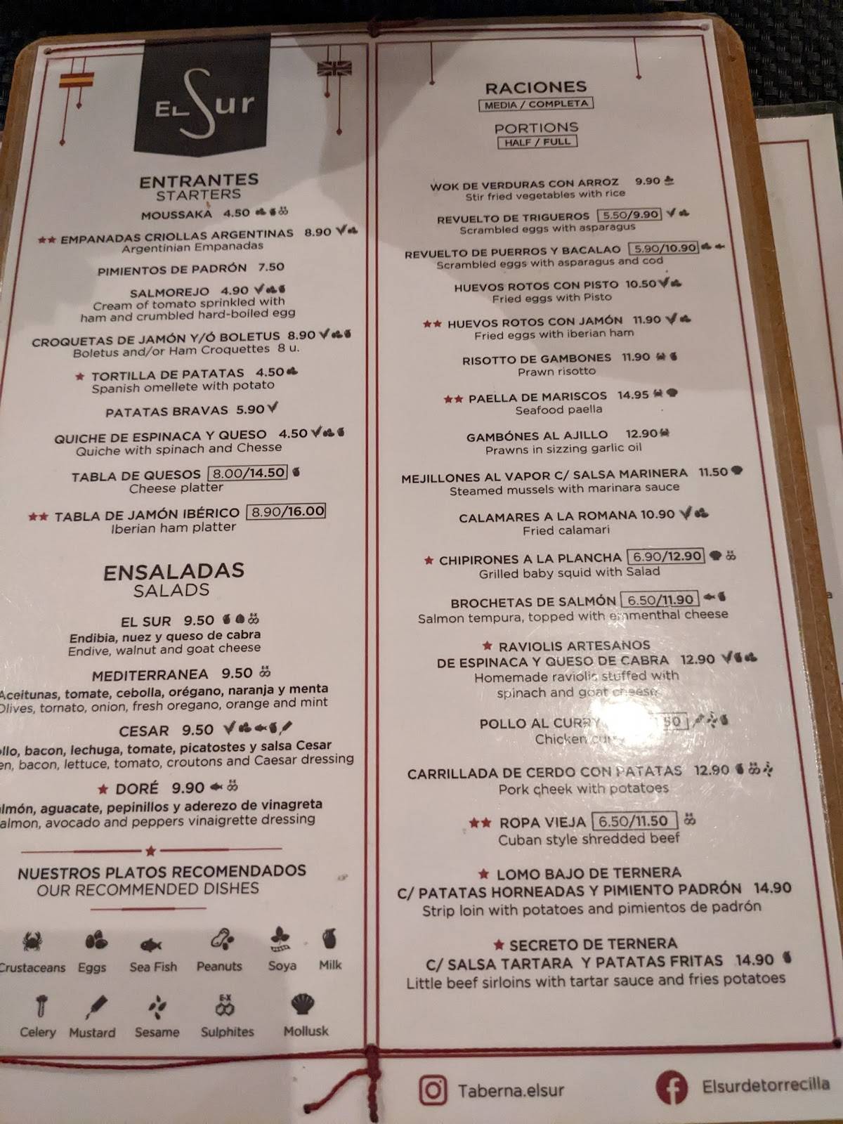 Menu at Taberna El Sur pub & bar, Madrid