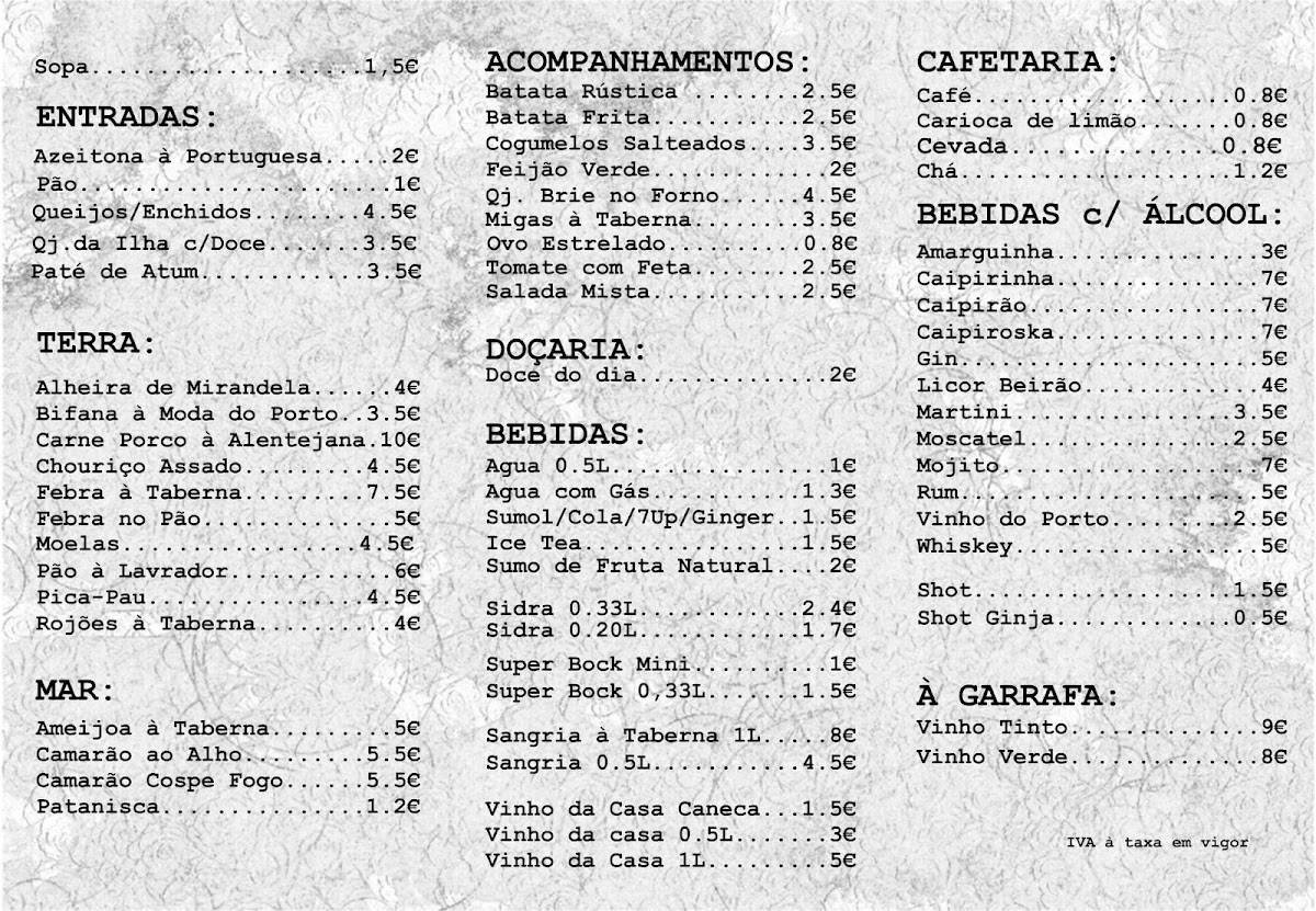 Menu em Taberna do Arco restaurante, Aveiro
