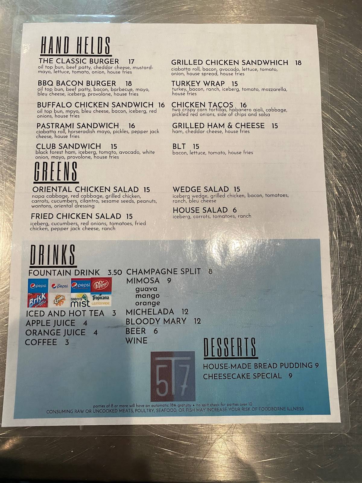 Menu at Table 57 restaurant, Visalia
