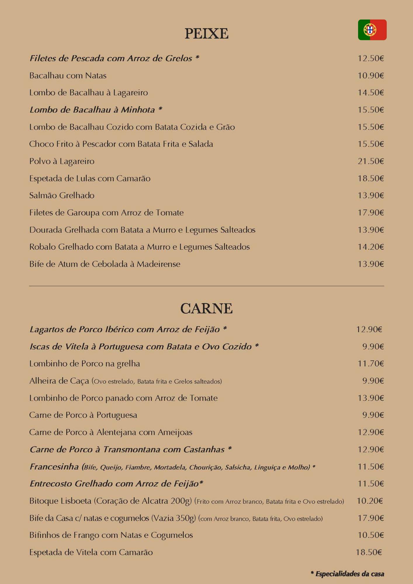 Menu em Tacho do Pescador restaurante, Lisboa