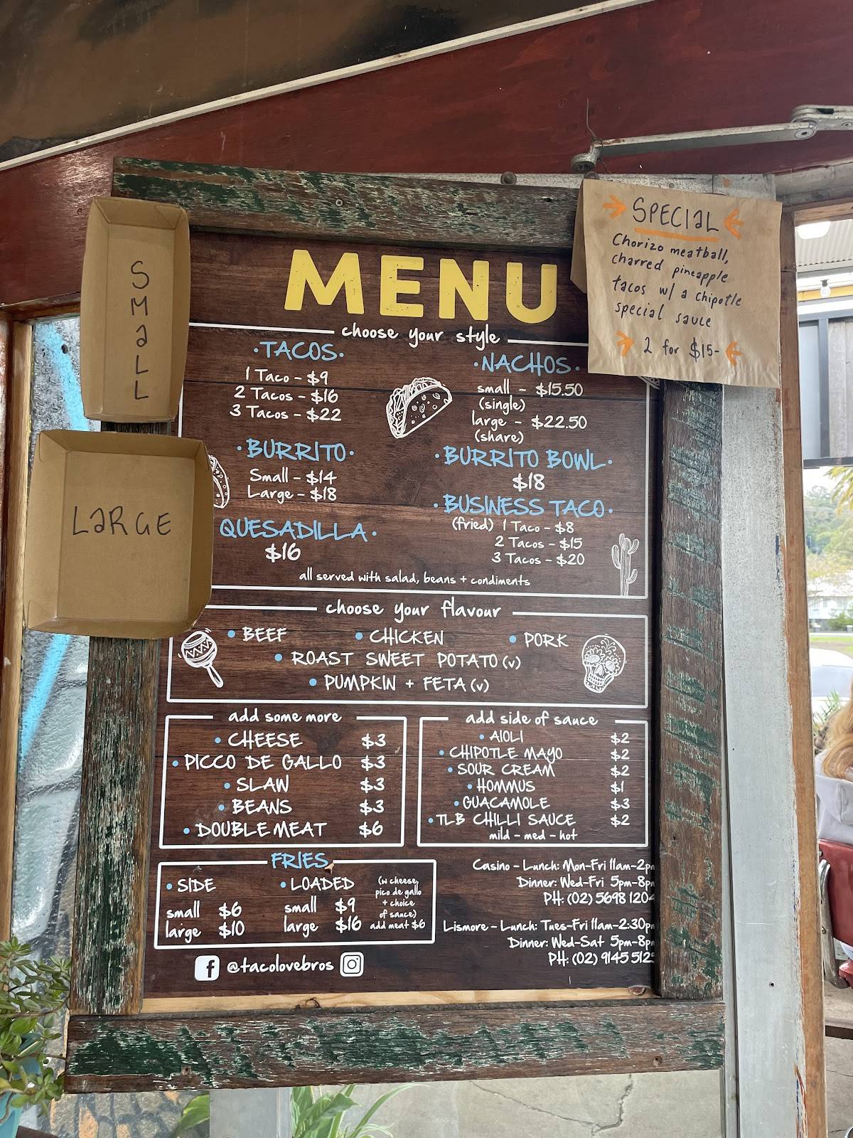 Menu at Taco Love Bro's Lismore restaurant, Lismore