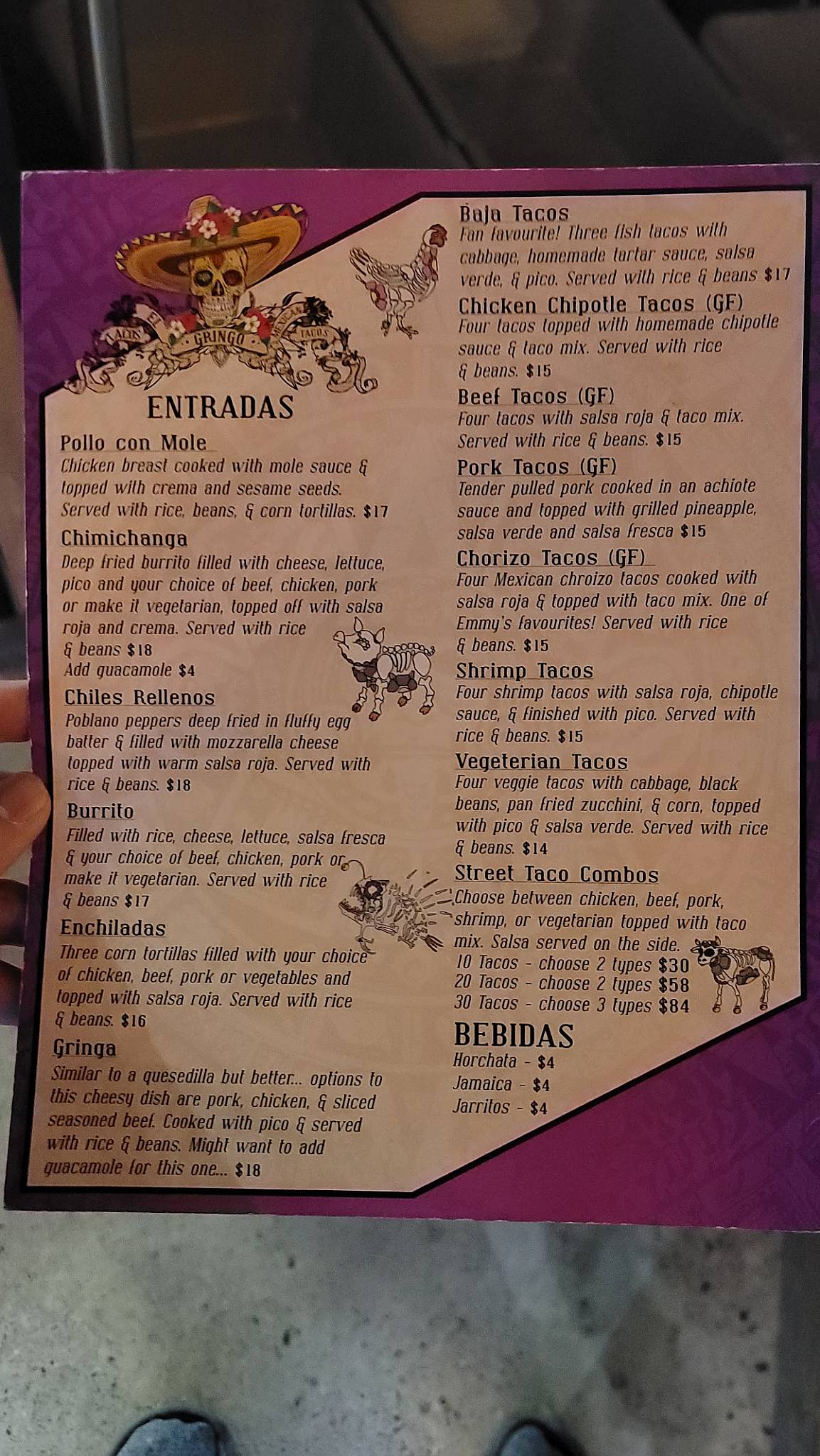 Menu at Tacos El Gringo restaurant, Castlegar