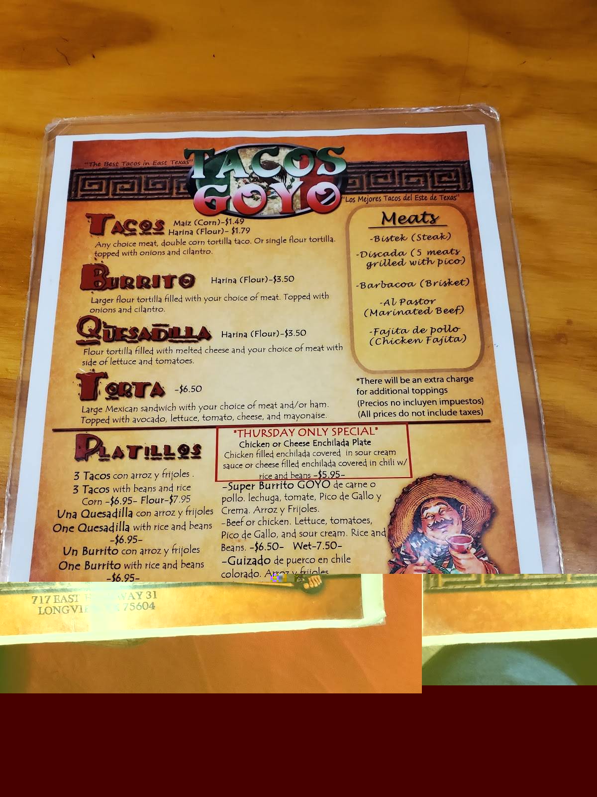 Menu at Tacos Goyo restaurant, Longview, 717 TX-31