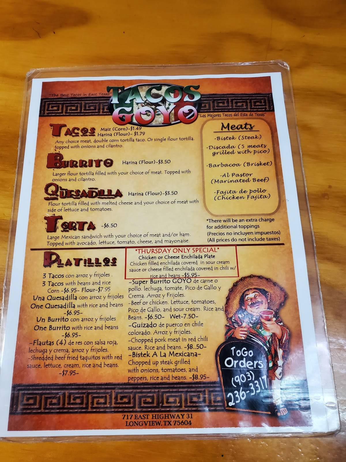 Menu at Tacos Goyo restaurant, Longview, 717 TX-31