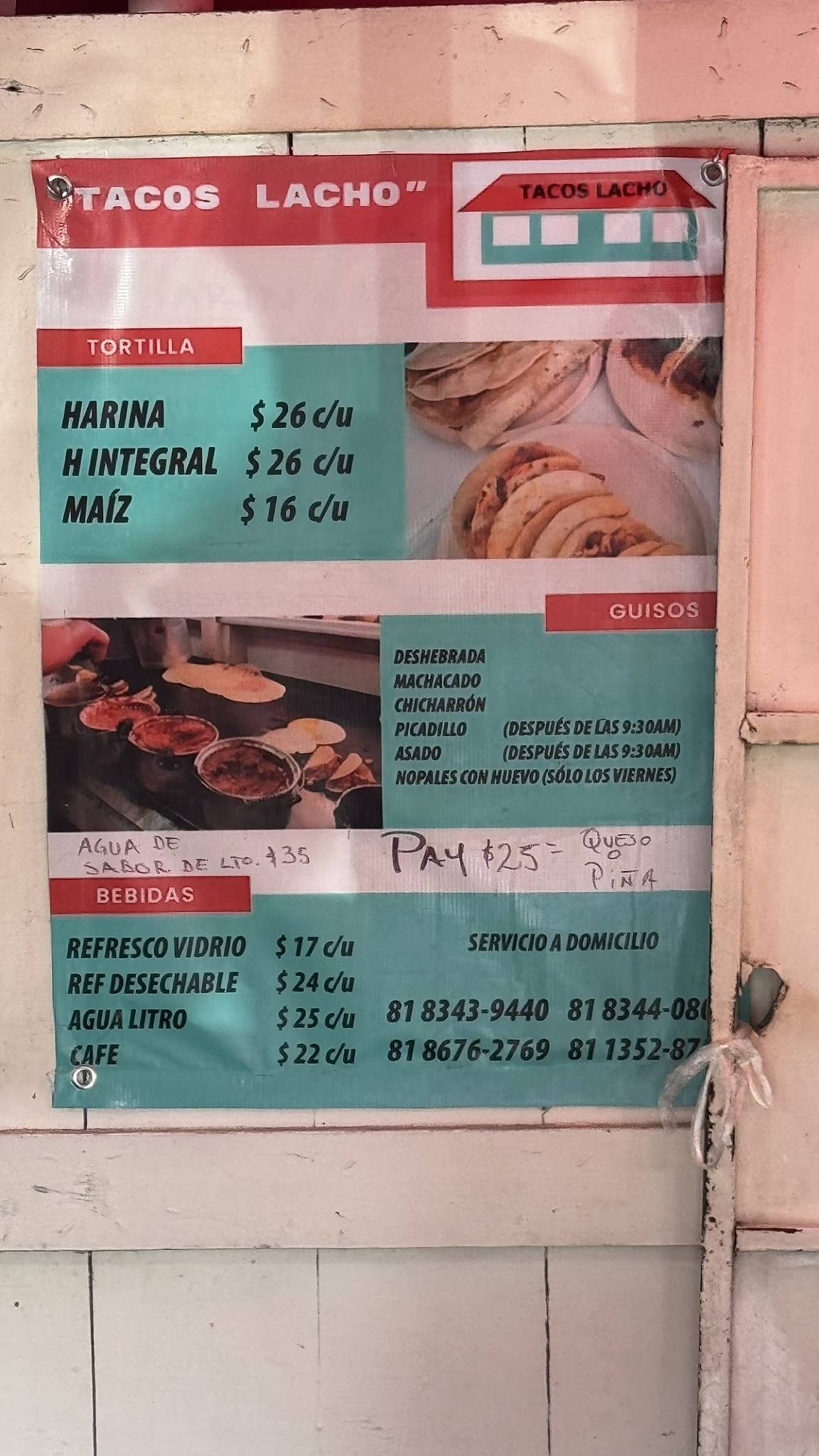 Carta del restaurante Tacos Lacho a Domicilio, Monterrey
