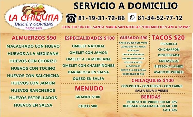 Carta del restaurante Tacos y Comidas La Chiquita, San Nicolás del los ...