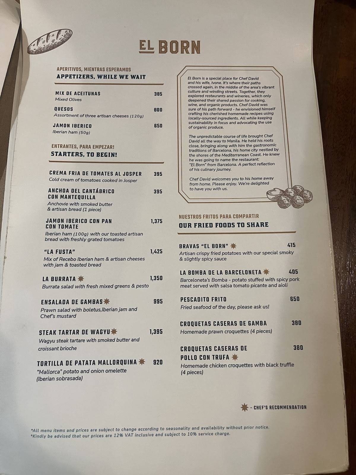 Menu at El Born BGC restaurant, Taguig
