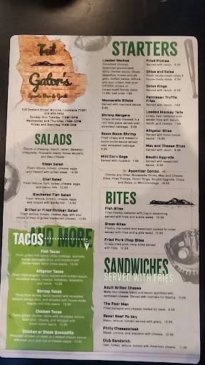 Menu at Tail Gators On The River pub & bar, Monroe