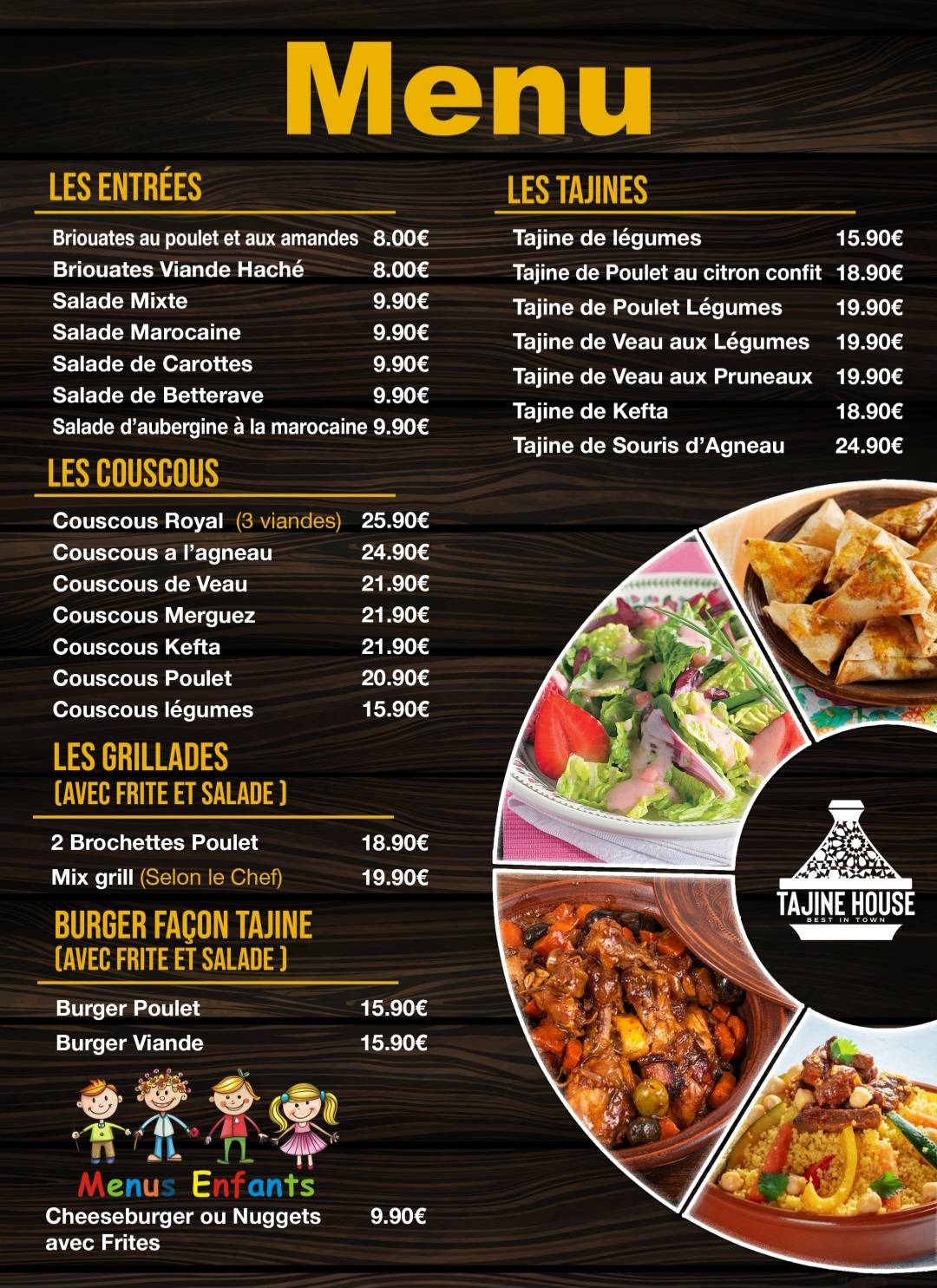 Menu au Tajine House restaurant, Fréjus