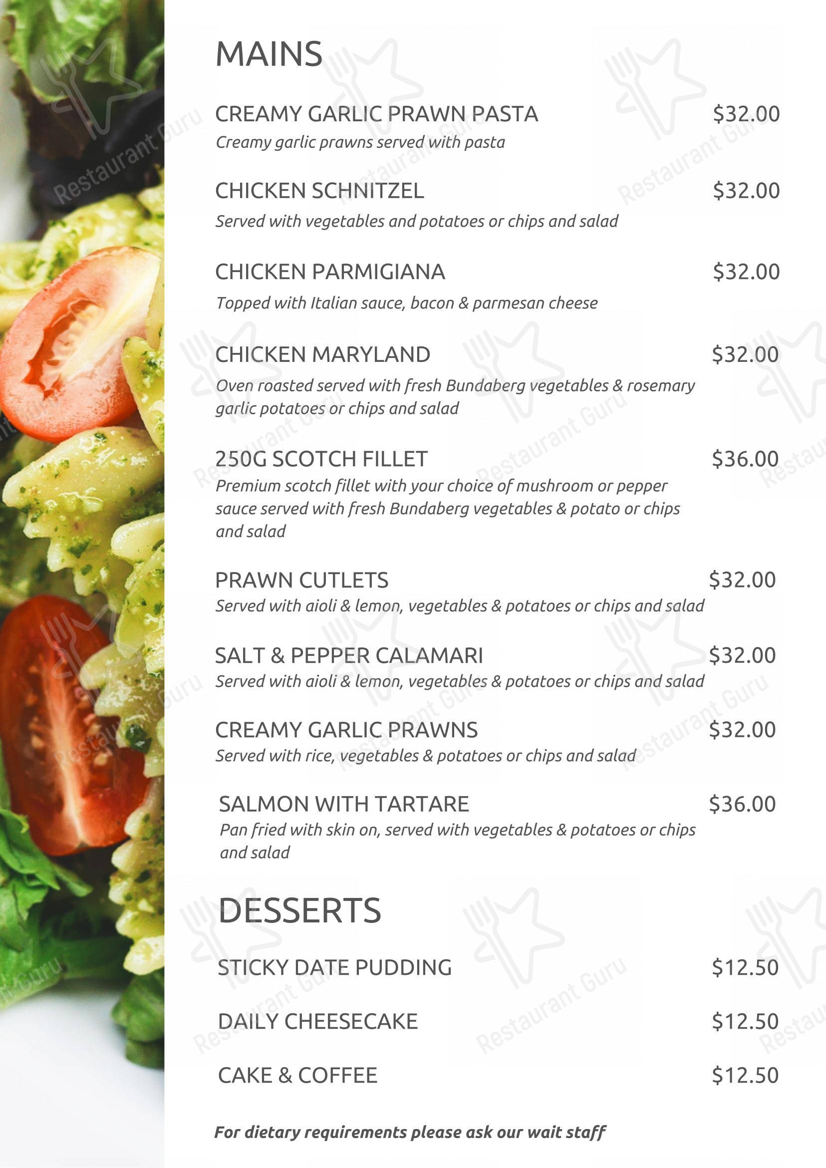 Menu at Takalvan Motel restaurant, Bundaberg West