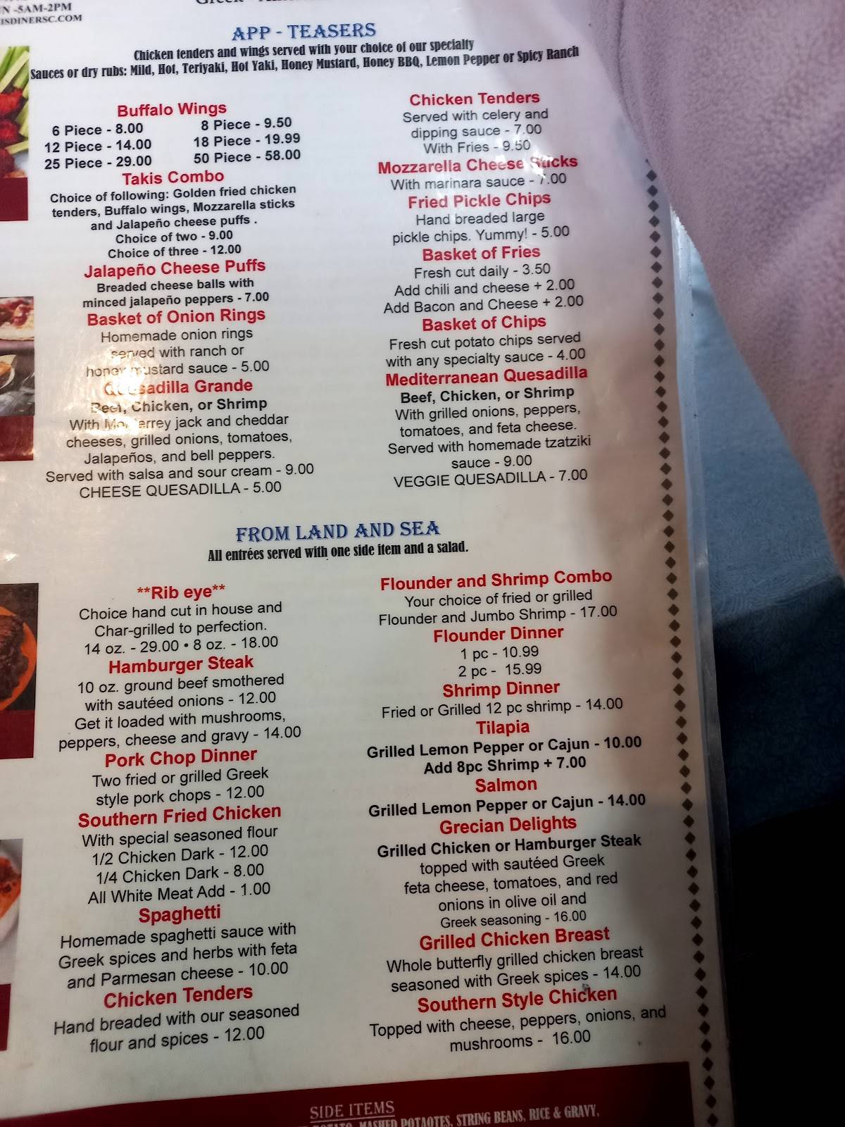 Menu at Takis Diner restaurant, Darlington