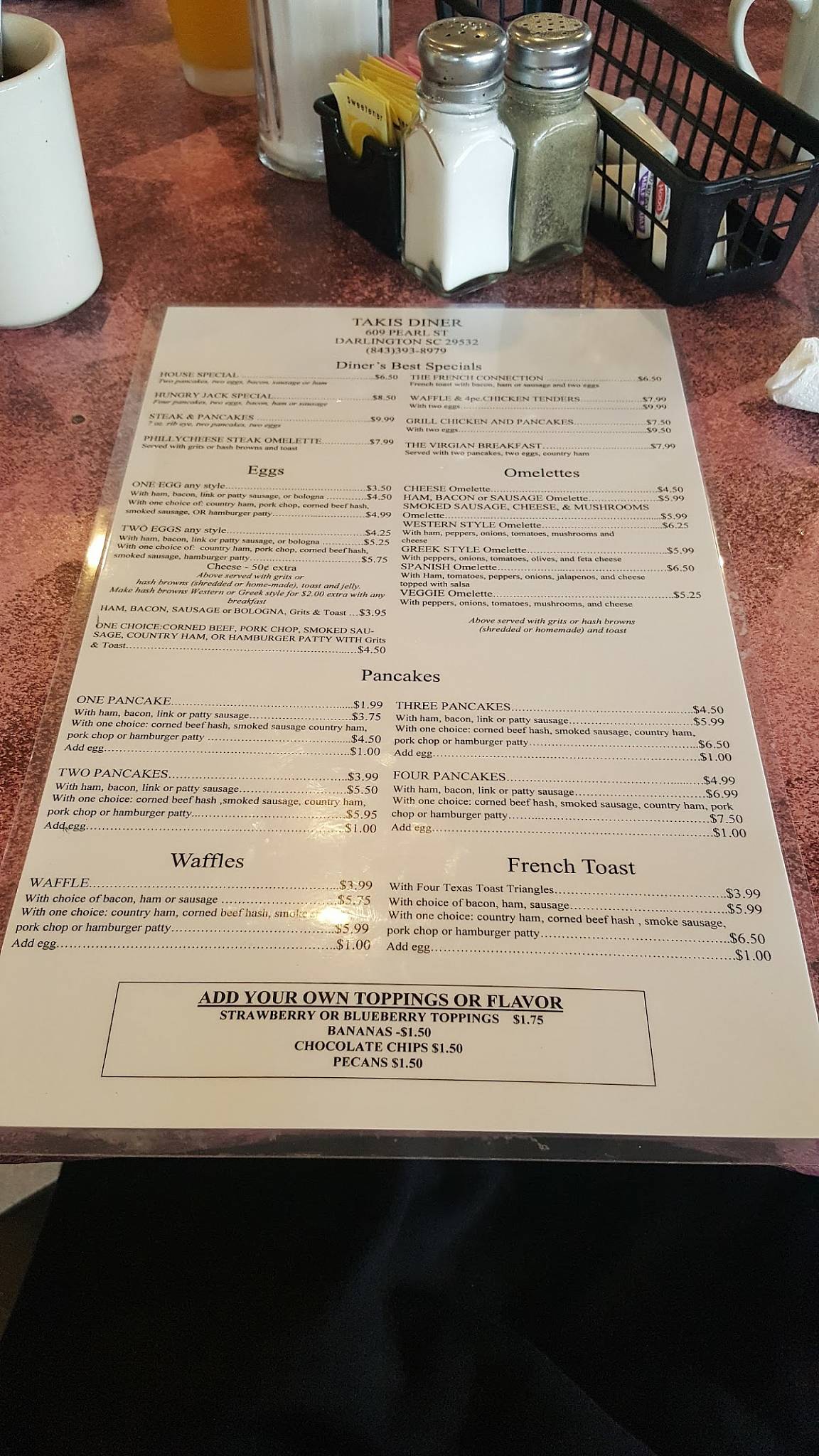 Menu at Takis Diner restaurant, Darlington
