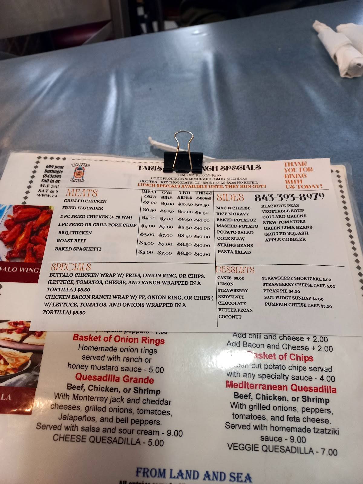 Menu at Takis Diner restaurant, Darlington