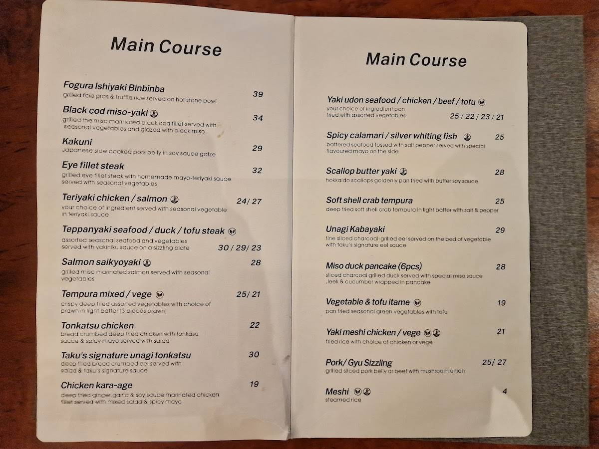 Menu at Taku Japanese restaurant, Camberwell