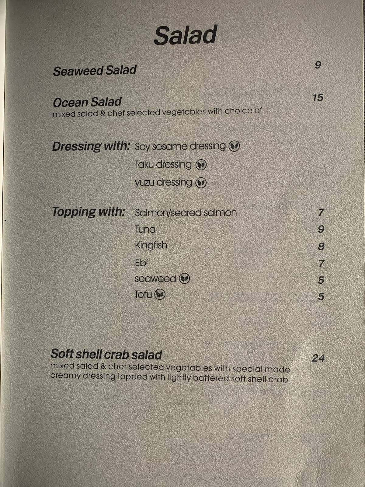 Menu at Taku restaurant, Elsternwick