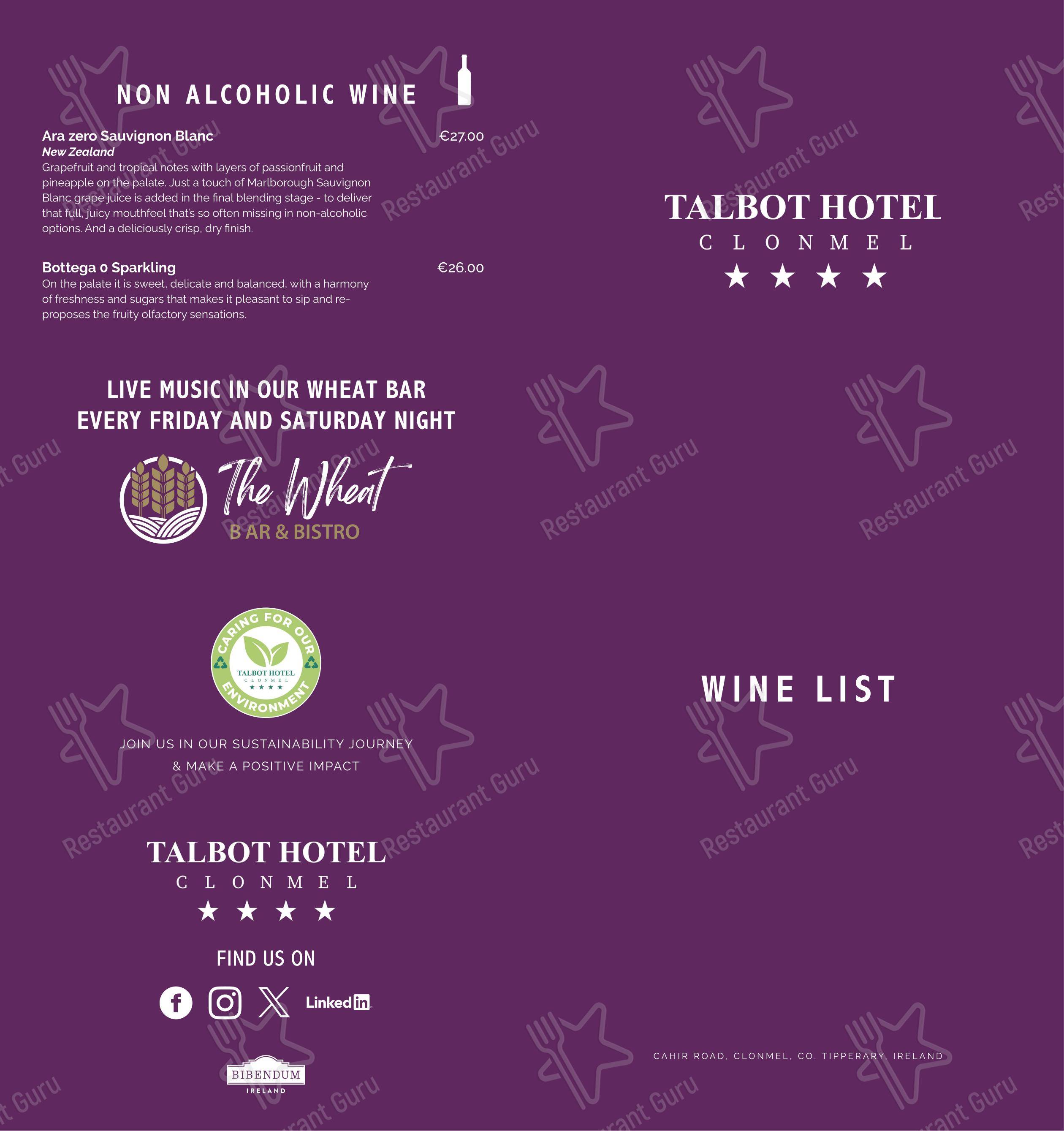 Menu at Talbot Hotel Clonmel restaurant, Clonmel