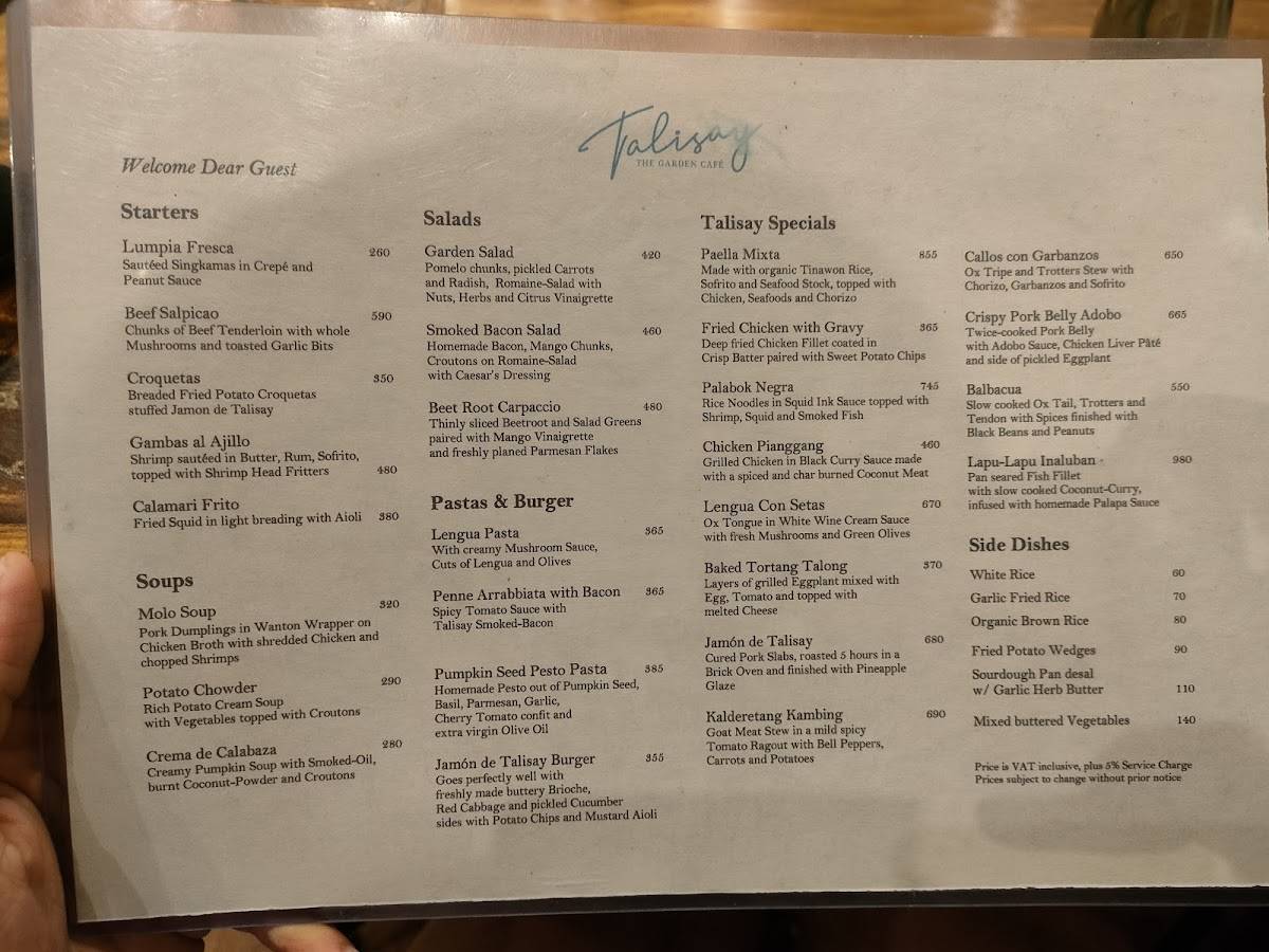 Menu at Talisay The Garden Cafe, Quezon City